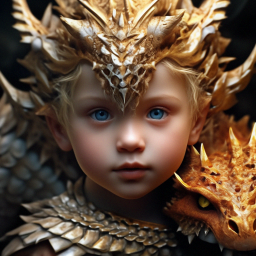 «Hyperrealism, dragon child, complicated hairstyle, huge eyes, scales ...