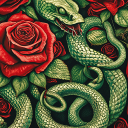 «ROSES AND SNAKES roses, snakes, interlacing, red, green, black, scale ...
