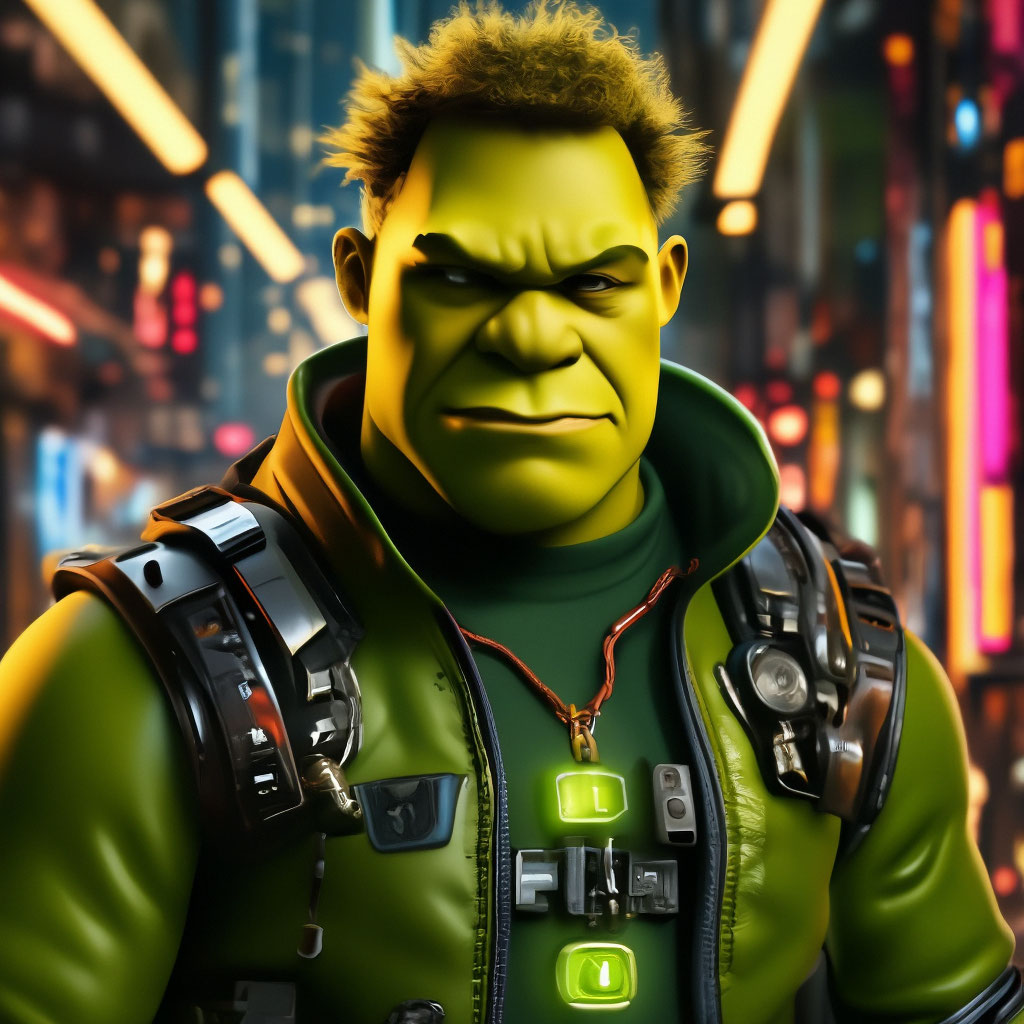 "Shrek in the cyberpunk style" — image created in Shedevrum