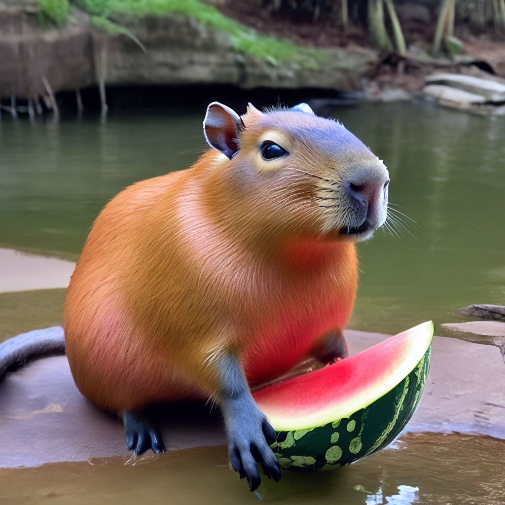 "Capybara on watermelon" — image created in Shedevrum