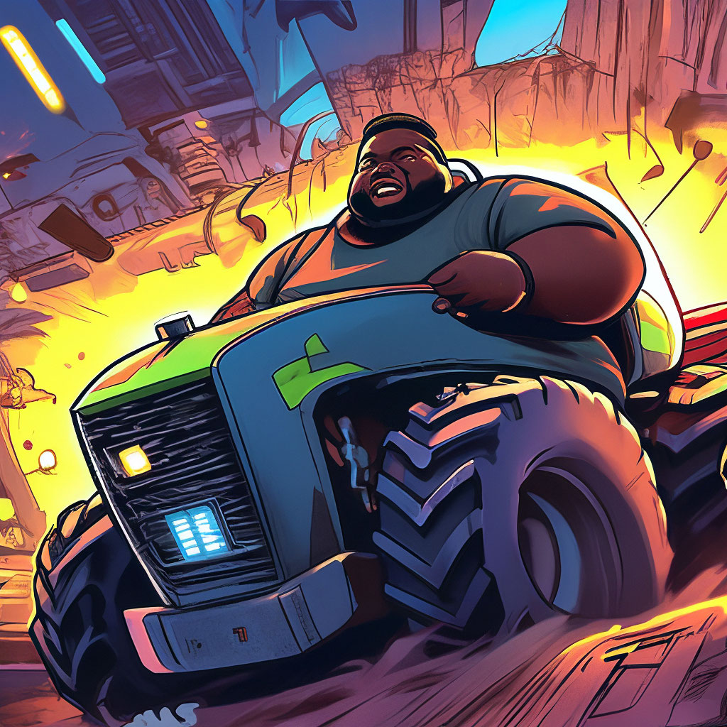 "Fat black man driving a tractor" — image created in Shedevrum