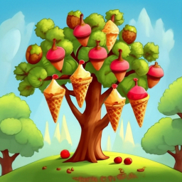 «Carob tree, waffle cones for ice cream hang on the branches of the ...