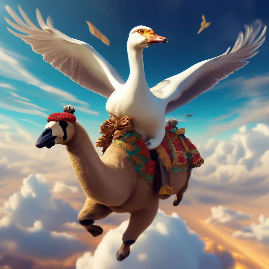 "A goose riding a camel is flying in …" — image created in Shedevrum