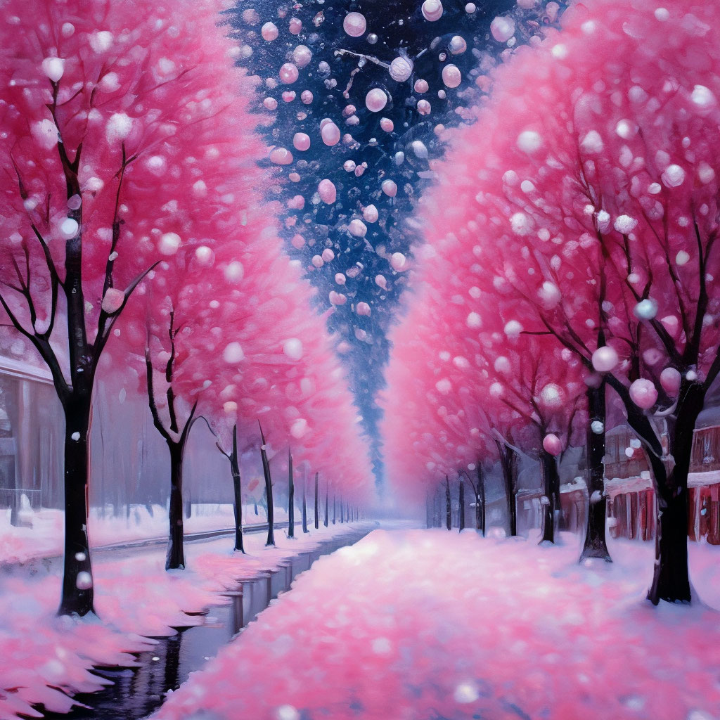 "Pink snow is falling everywhere" — image created in Shedevrum