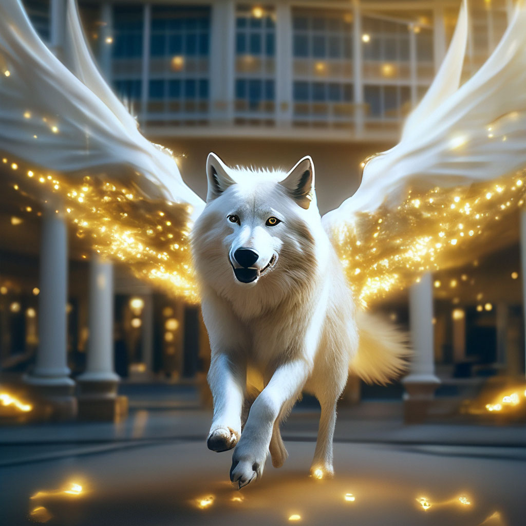 Lobo Blanco Con Alas Volando