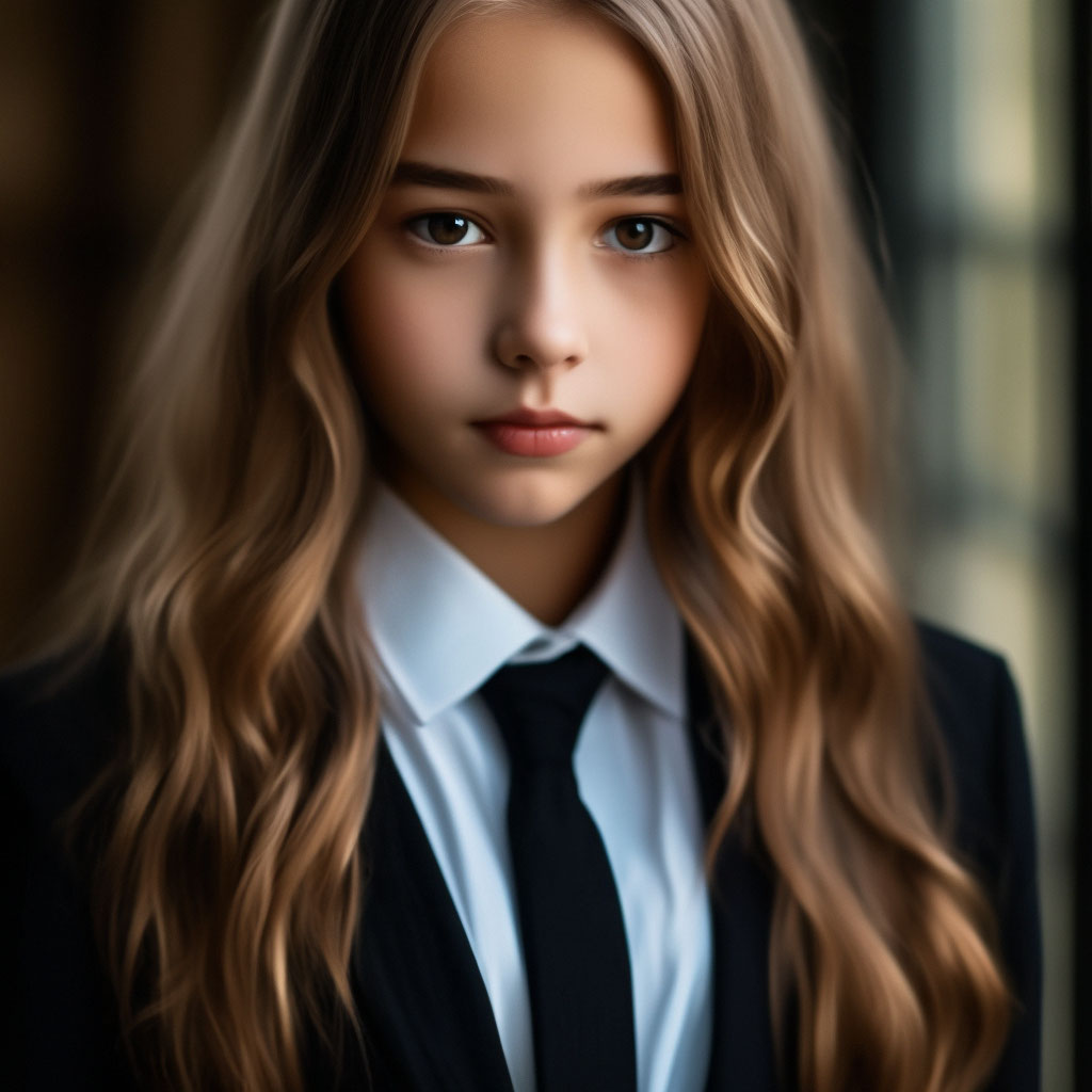 "A beautiful 12-year-old girl in a school uniform with a black tie is ...