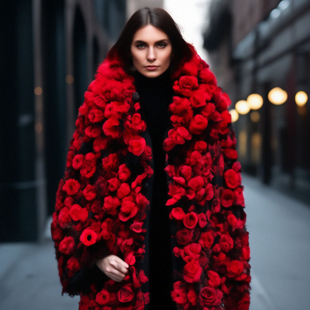 "A fur coat made of small red roses made of mink" — image created in ...