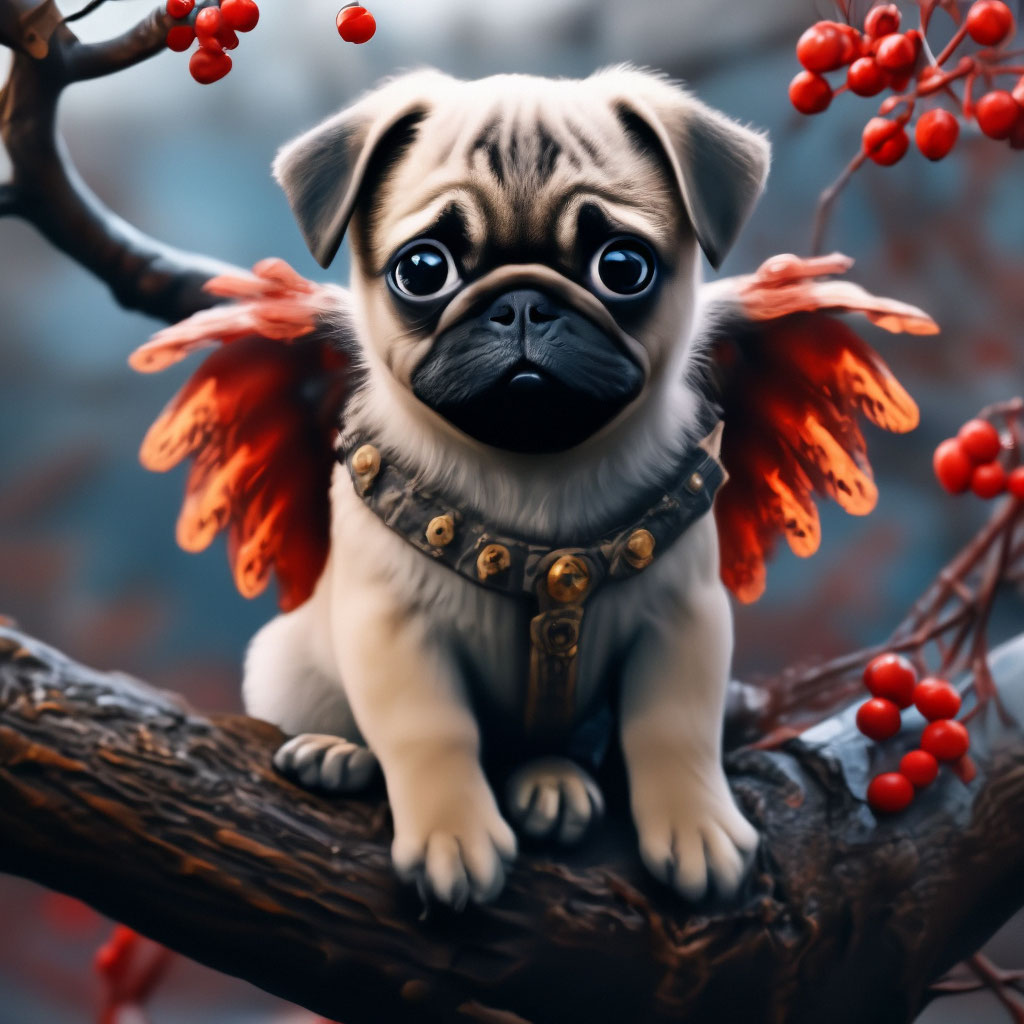 "Anthropomorphic creep mega-tiny pug puppy with wings sits on a rowan tree branch,fur,feathers ...