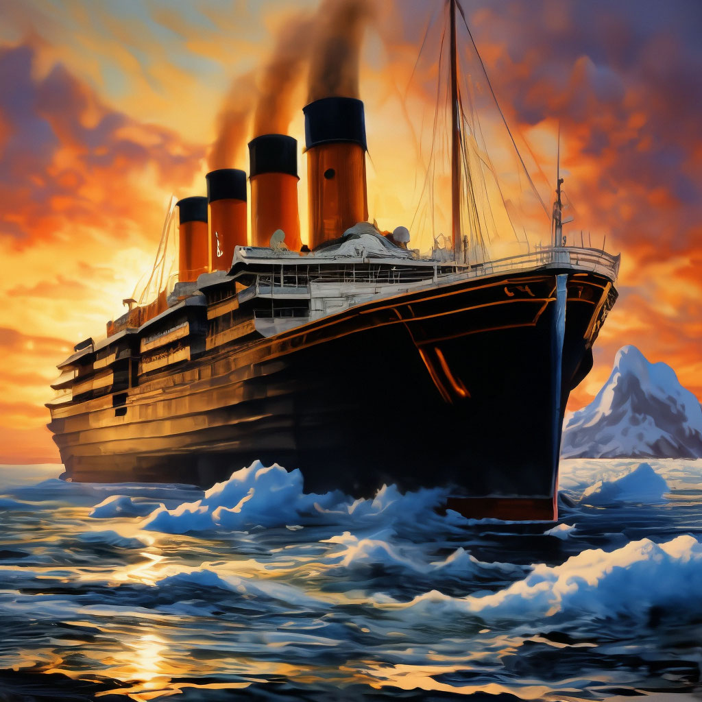 "Titanic, radiance, iceberg, sunset, …" — image created in Shedevrum