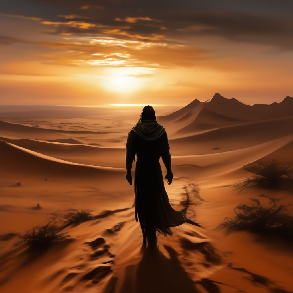 "A masked man walks through the desert" — image created in Shedevrum