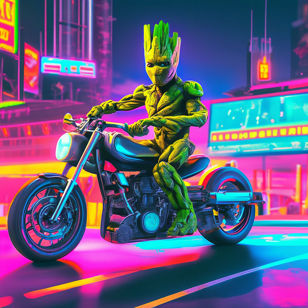 «Groot riding the motorcycle and …» — картинка создана в Шедевруме