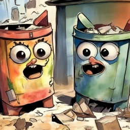 «Big-eyed anthropomorphic garbage cans, arguing in the trash, schematic ...