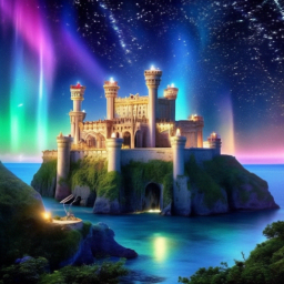 «The lost magical Bermuda Castle, elegant, northern lights, stars ...