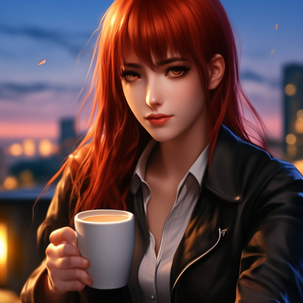 "Makima is sitting on the roof and drinking coffee, evening, anime ...