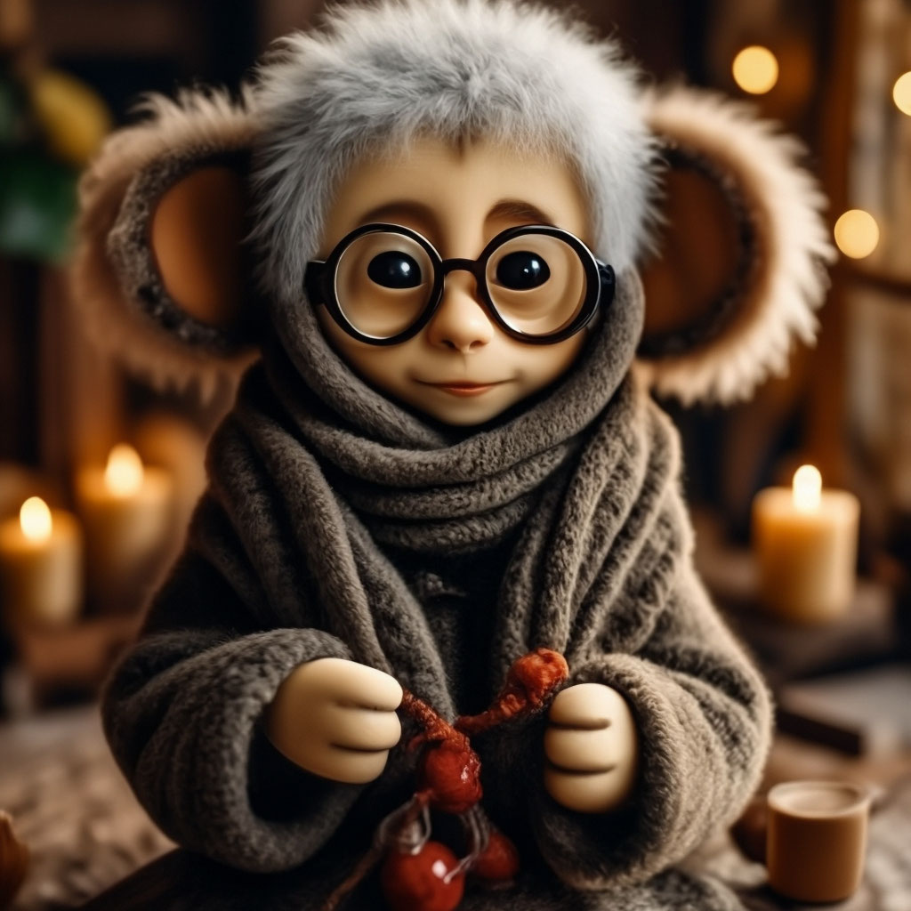 "An old gray-haired cheburashka, wearing glasses, knitting a scarf ...
