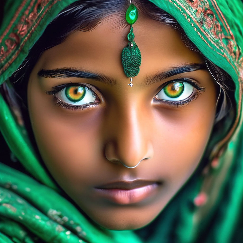 "Pakistani girl with emerald eyes" — image created in Shedevrum