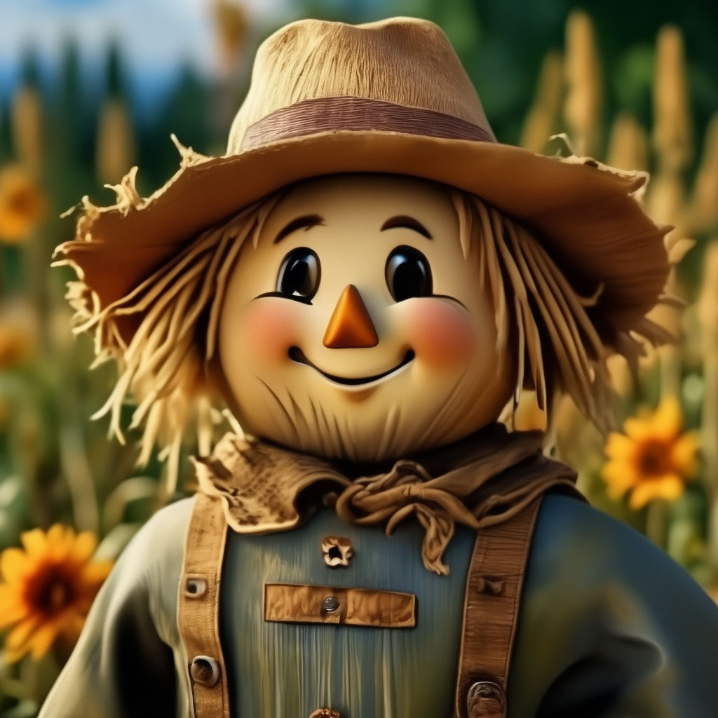 "The scarecrow is an animated cute garden scarecrow, a chubby man in a ...