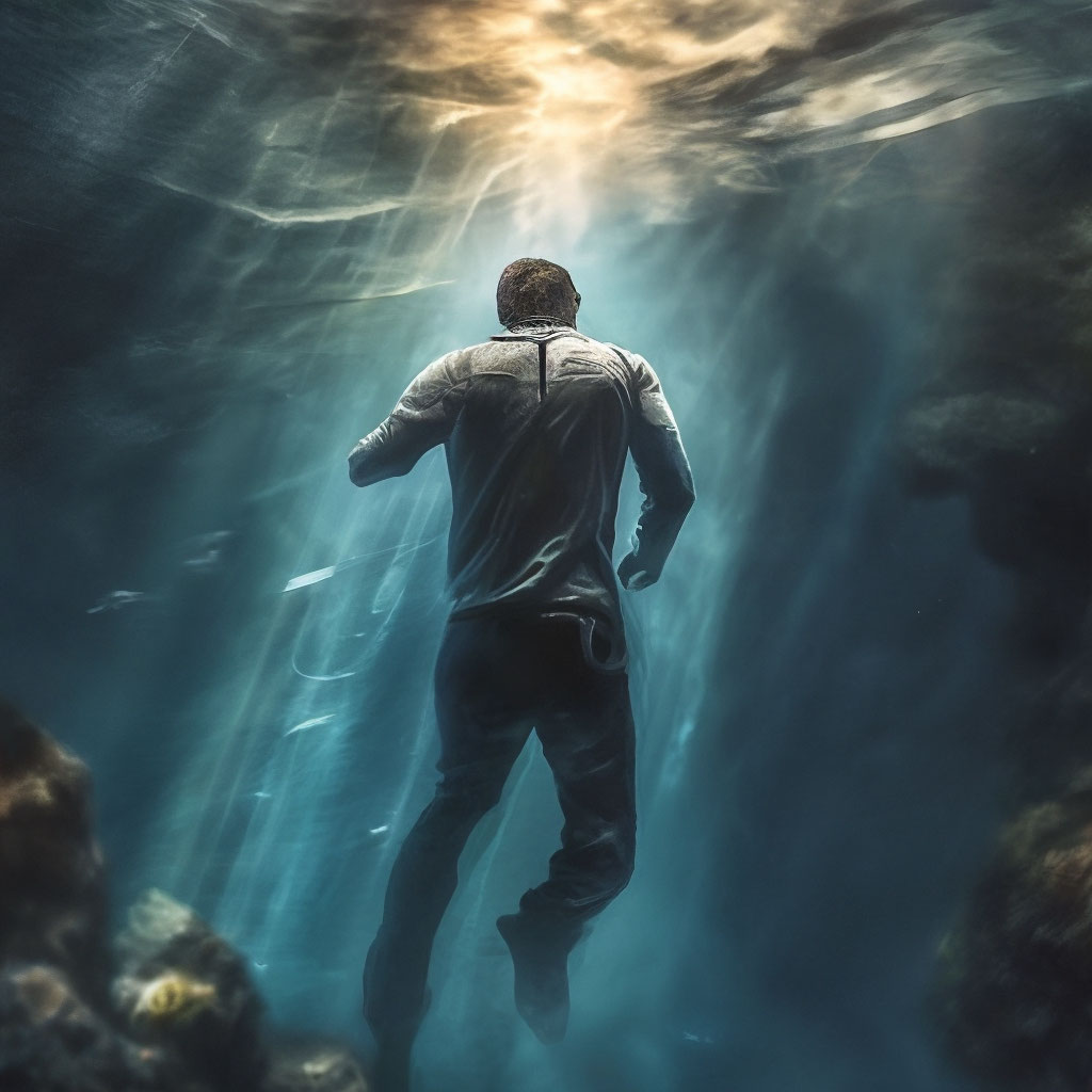 ". depth, a drowning man underwater , …" — image created in Shedevrum