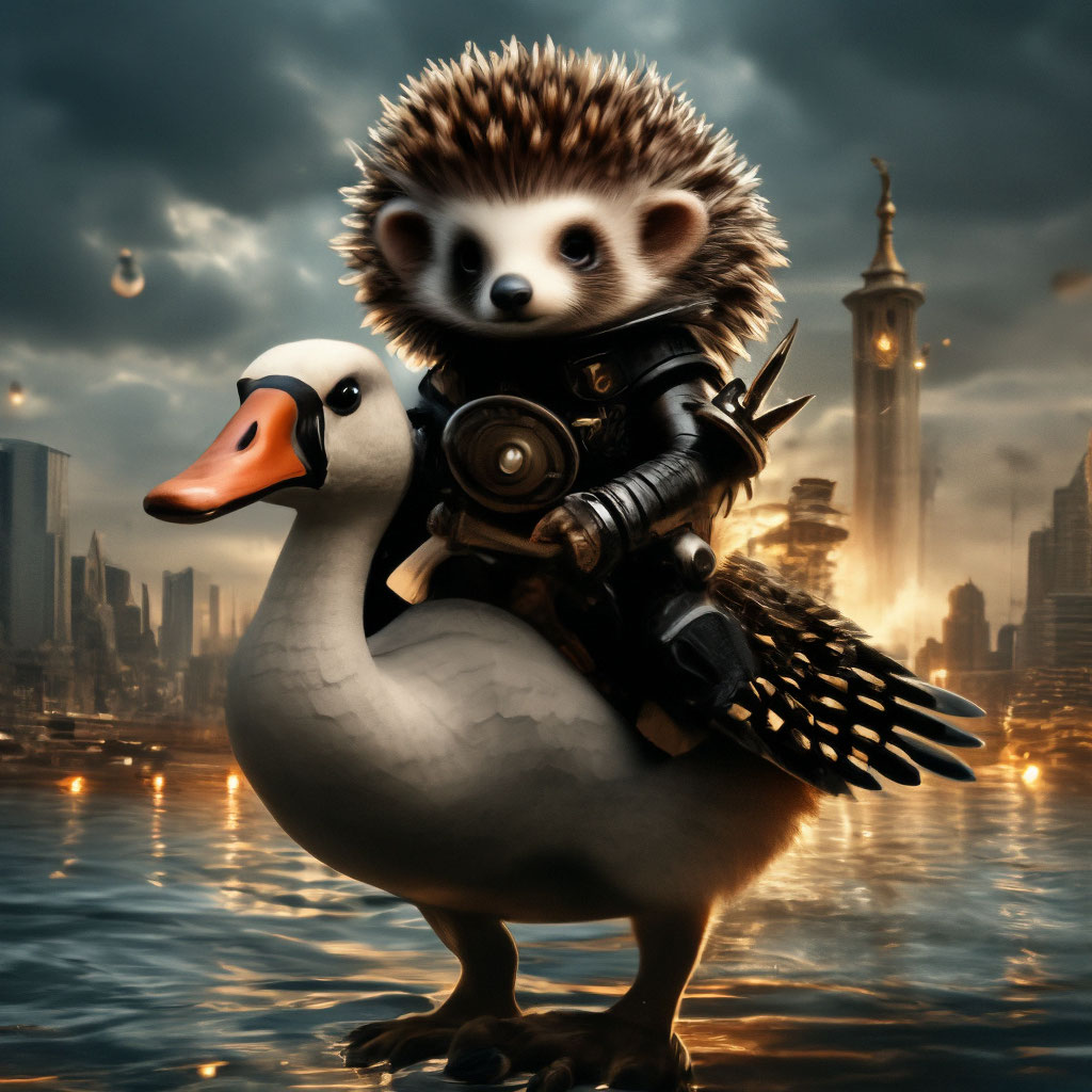 "Hedgehog riding goose" — image created in Shedevrum