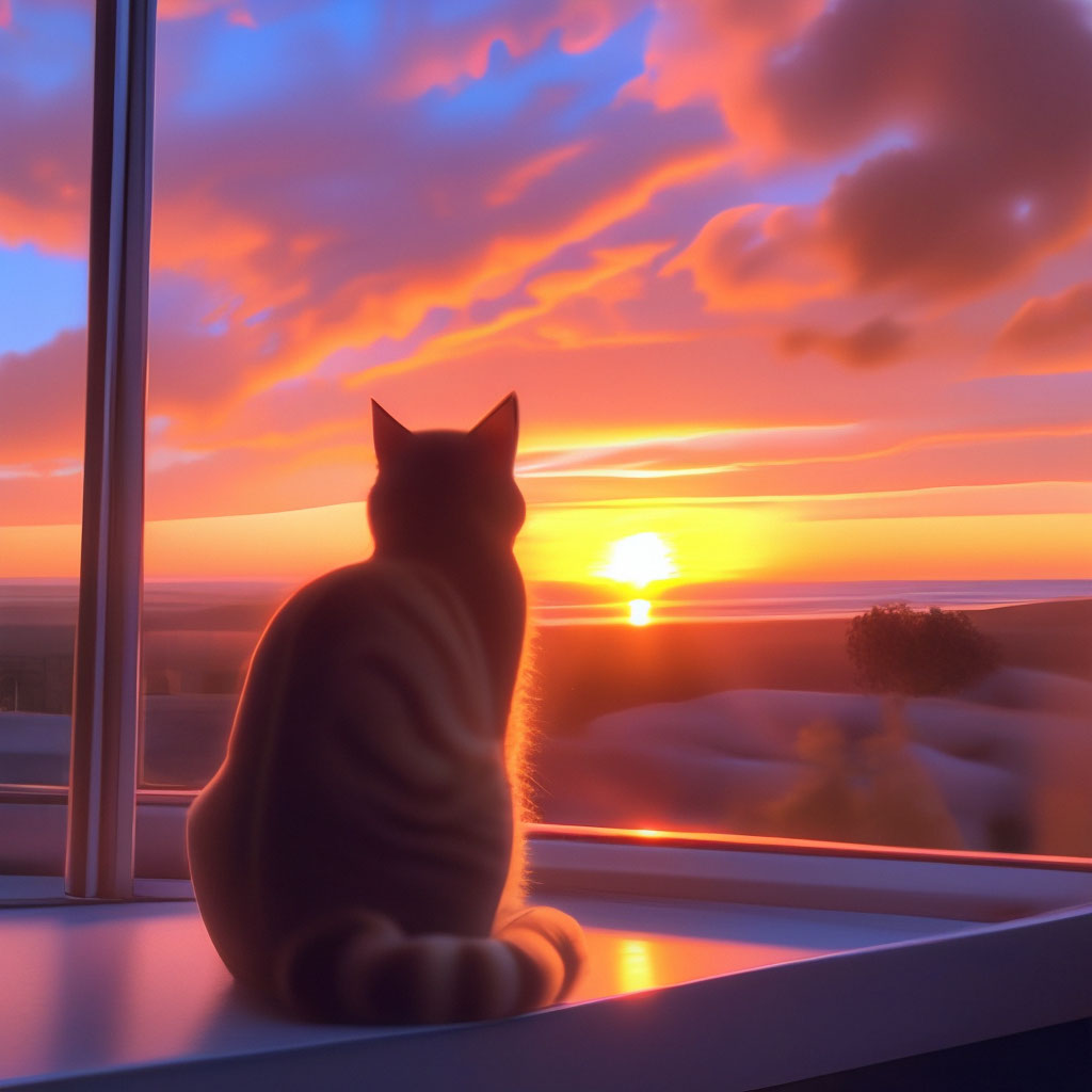 "The cat looks at the sunset" — image created in Shedevrum