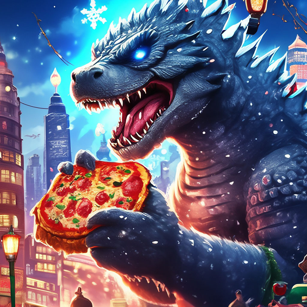 "Godzilla eats pizza, beautiful eyes, …" — image created in Shedevrum