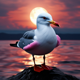 «A fiery Pink seagull. in the arms of the moon and the black haze ...
