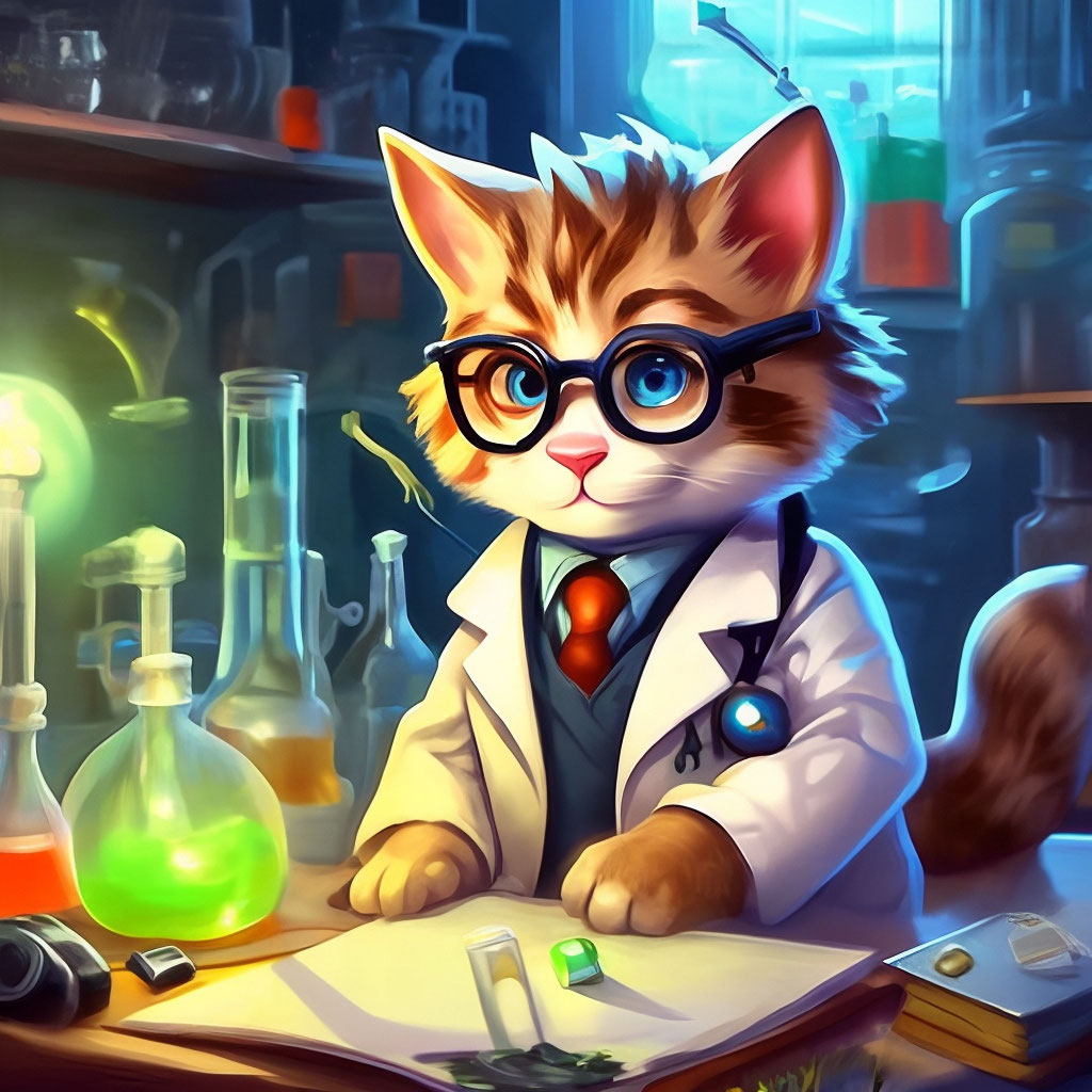 "The scientist cat is engaged in" — image created in Shedevrum