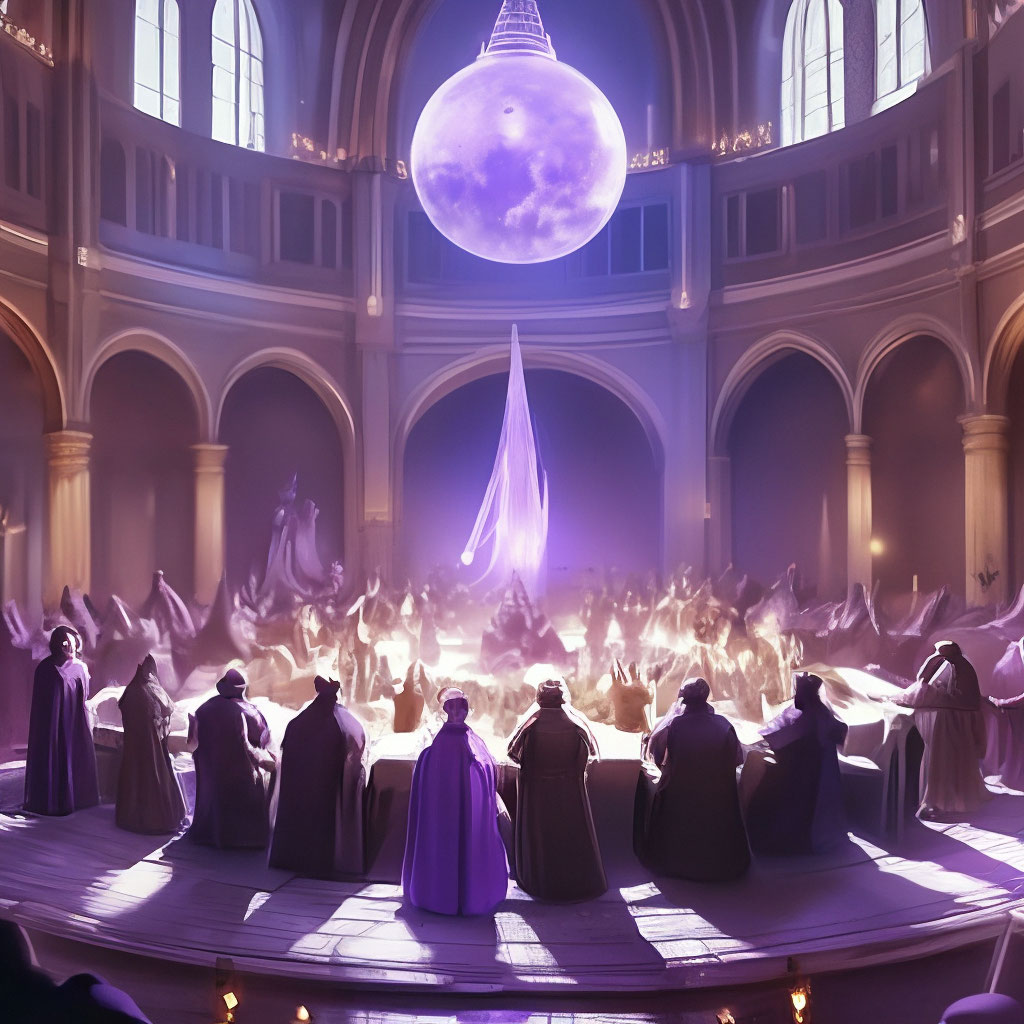 "A peaceful summit of wizards of the Middle Ages in a round hall in the ...