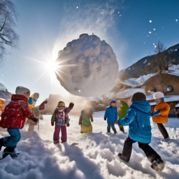«A huge snowball is flying through the air, the background is children ...