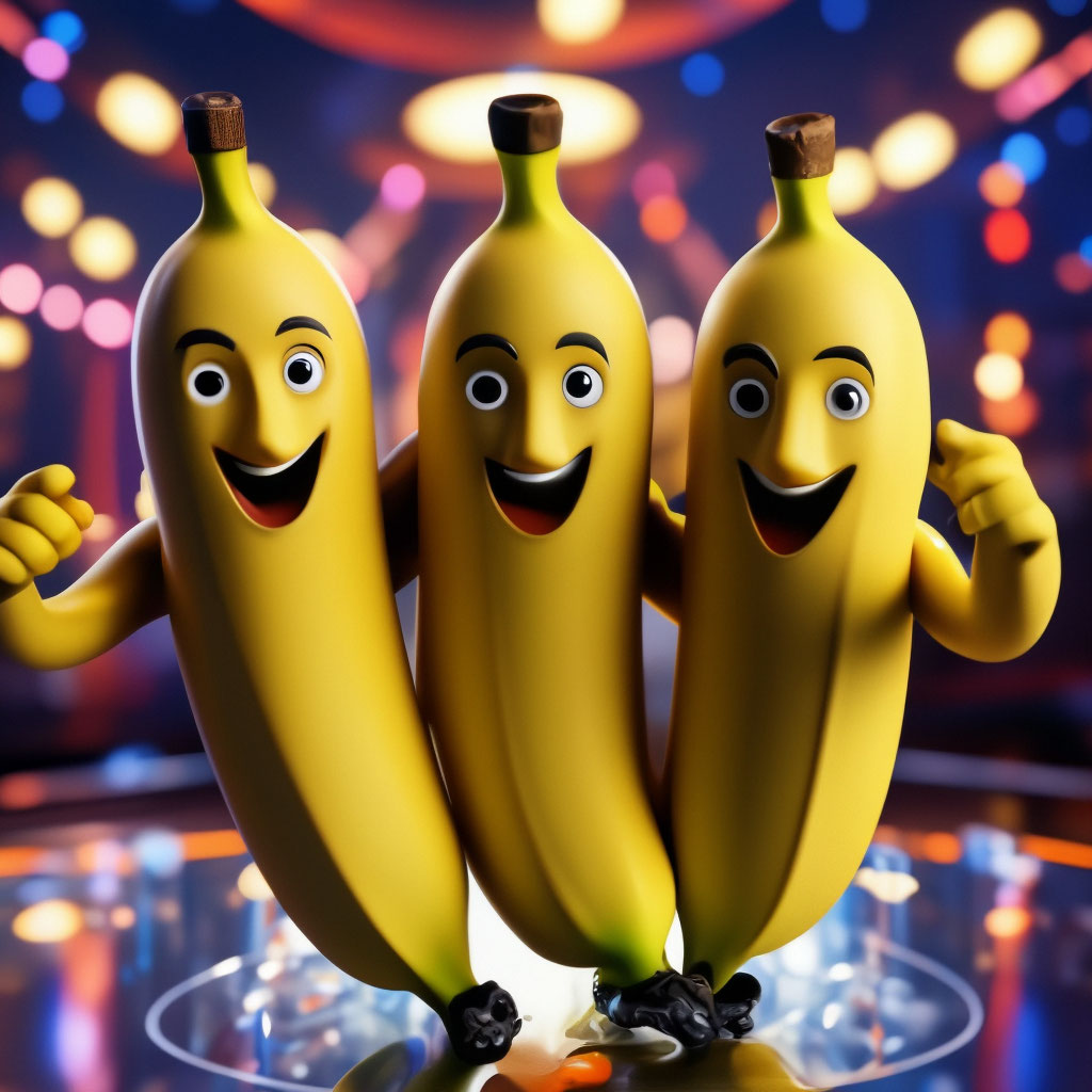 "Disco of anthropomorphic bananas, fun, funny, realism" — image created ...