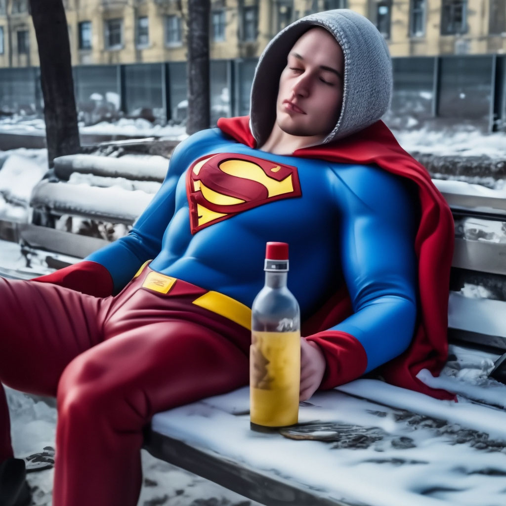 «Супермен спит пьяный зимой на …» — картинка создана в Шедевруме