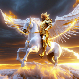 «A big white, Handsome, Zeus, trident in his hands on a white horse ...