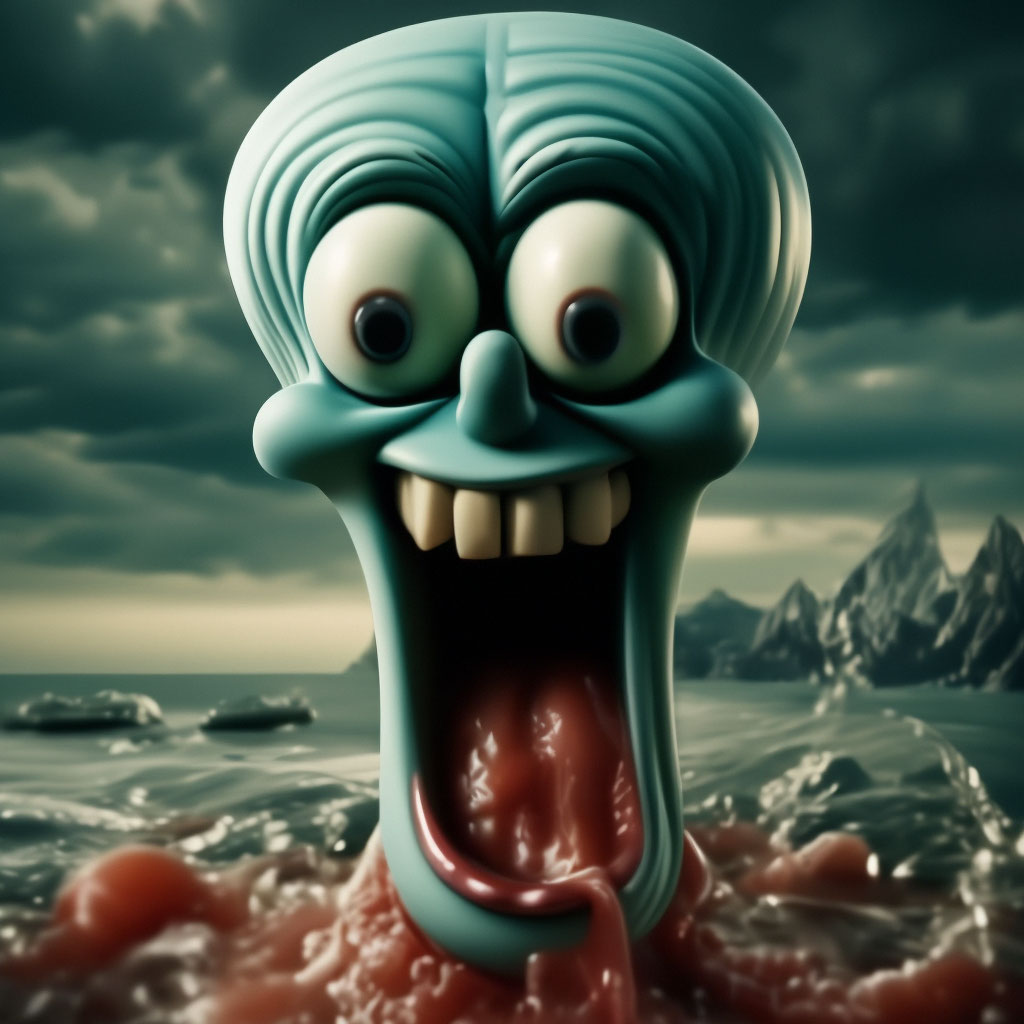 "Toothy squidward eats SpongeBob surrealism" — image created in Shedevrum