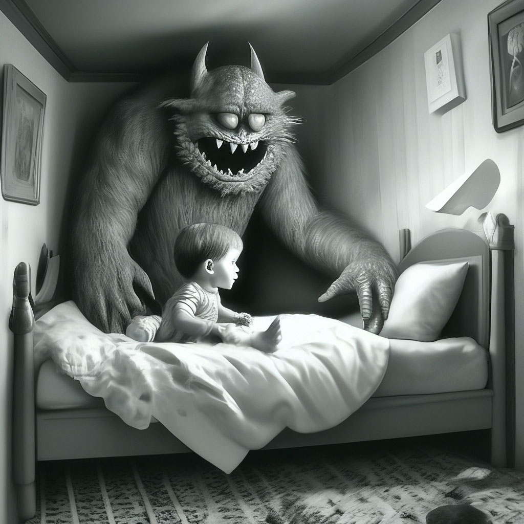 "The monster from under the bed takes …" — image created in Shedevrum