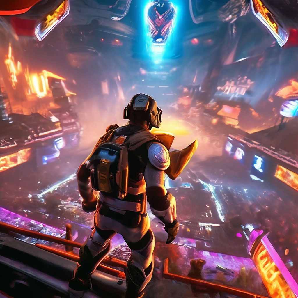 "A player inside a video game, lots of action, epic" — image created in ...