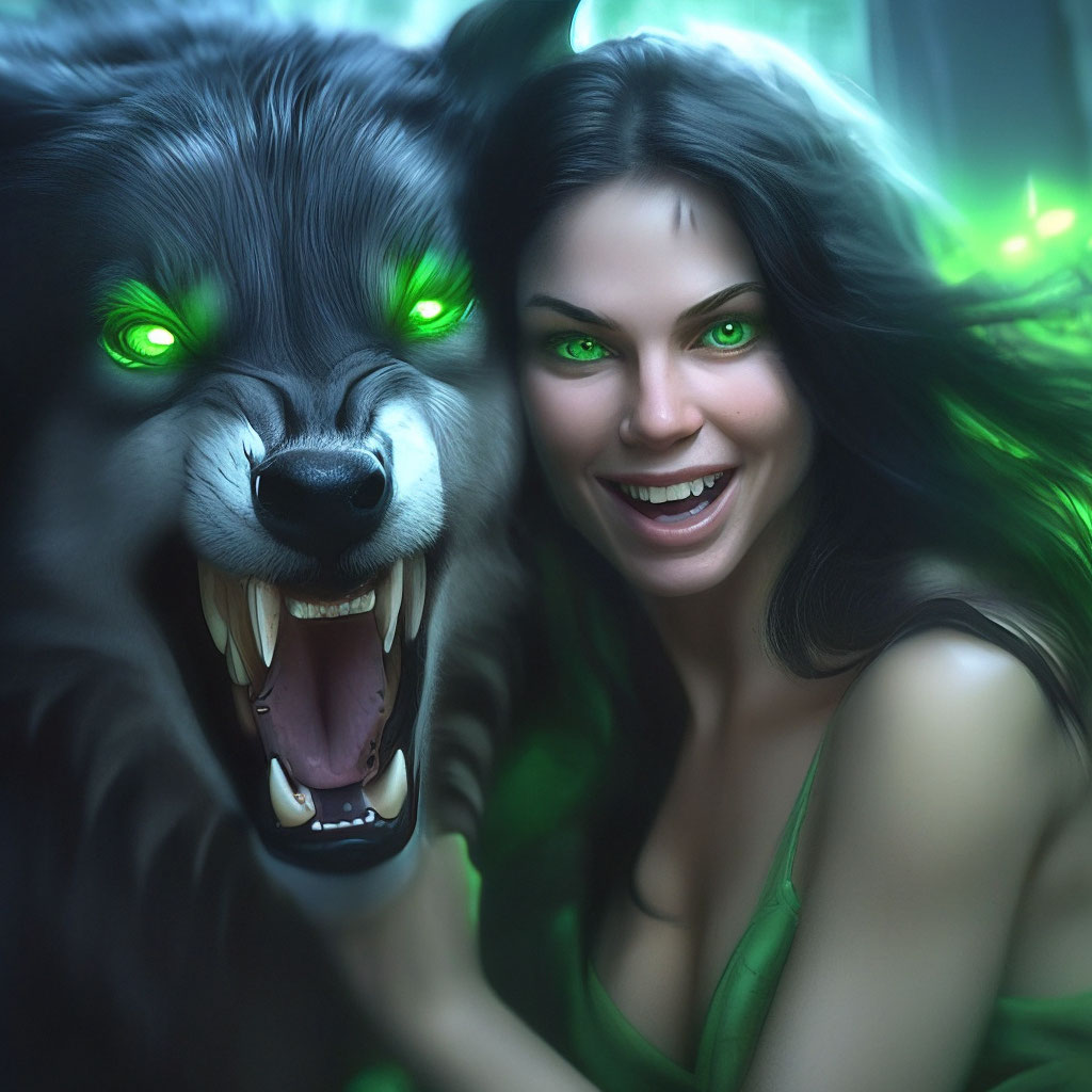 "A beautiful gentle werewolf girl turning into a black wolf with green ...