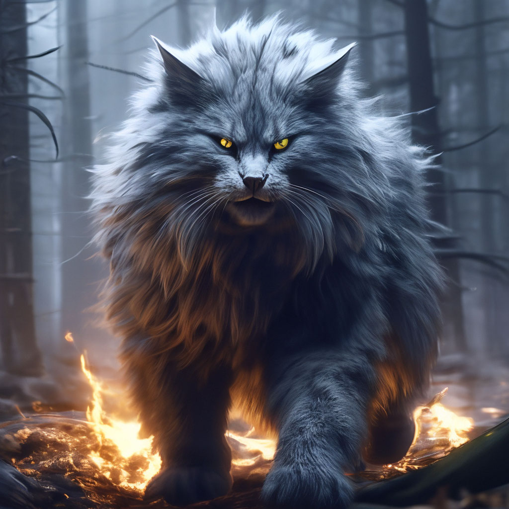 "Fluffy evil cat +wolf+ wendigo, …" — image created in Shedevrum