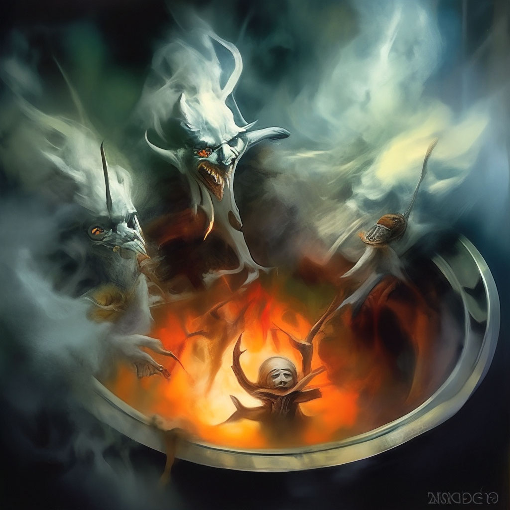 "Nightmare cauldron of hellish demons…" — image created in Shedevrum