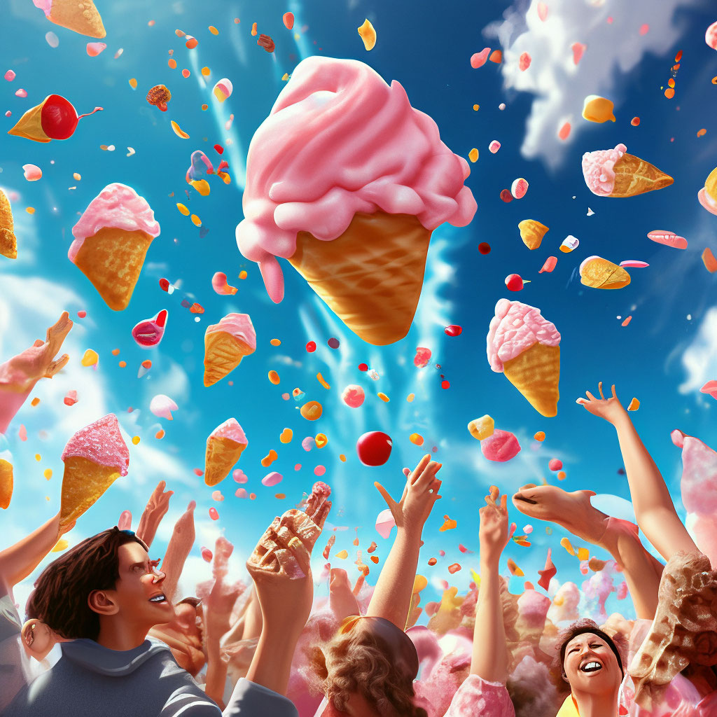 "Ice cream falls from the sky into …" — image created in Shedevrum