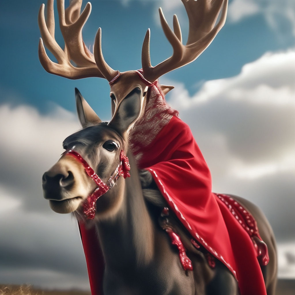 "Deer in a red poncho riding a donkey, fluffy clouds, realistic ...