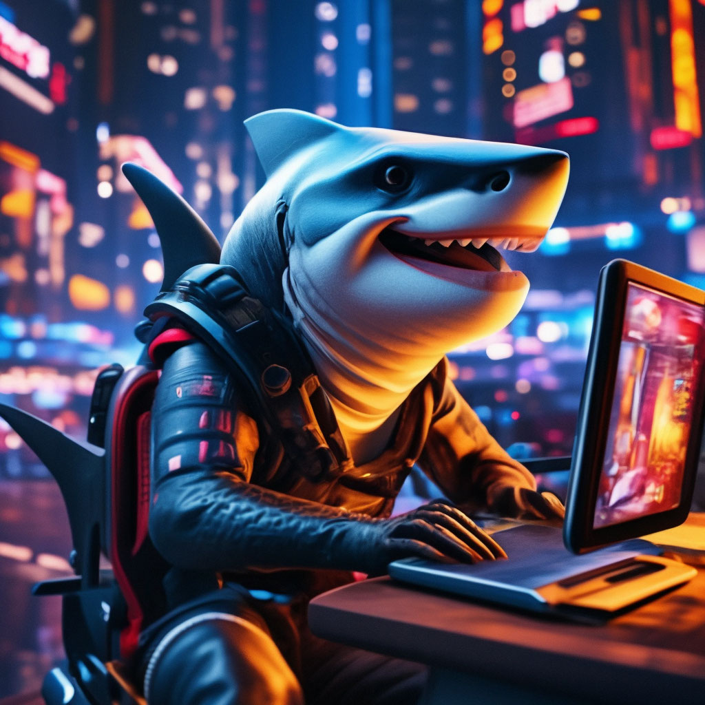 "Shark is playing computer and …" — image created in Shedevrum