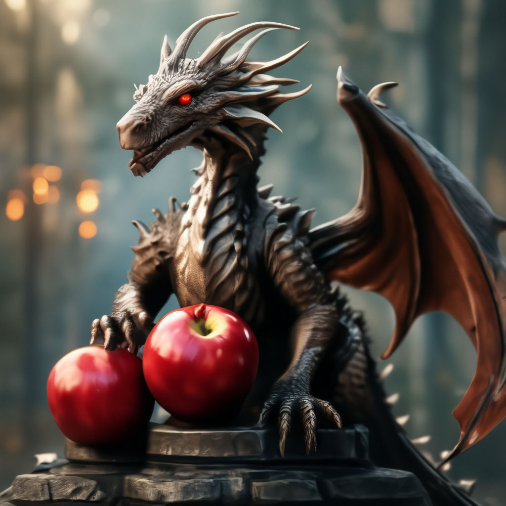 "Dragon with an apple" — image created in Shedevrum