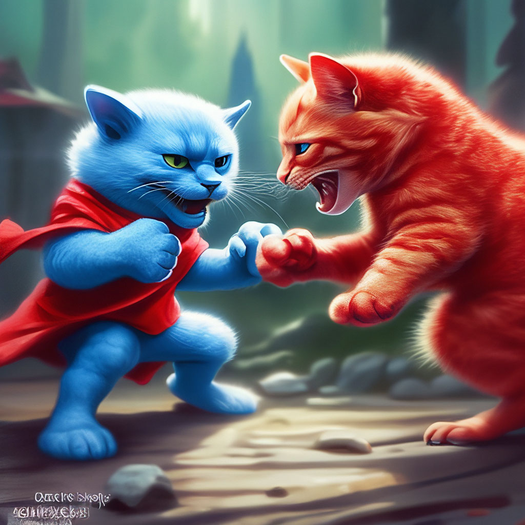 "Smurfy cat fights with a red cat" — image created in Shedevrum