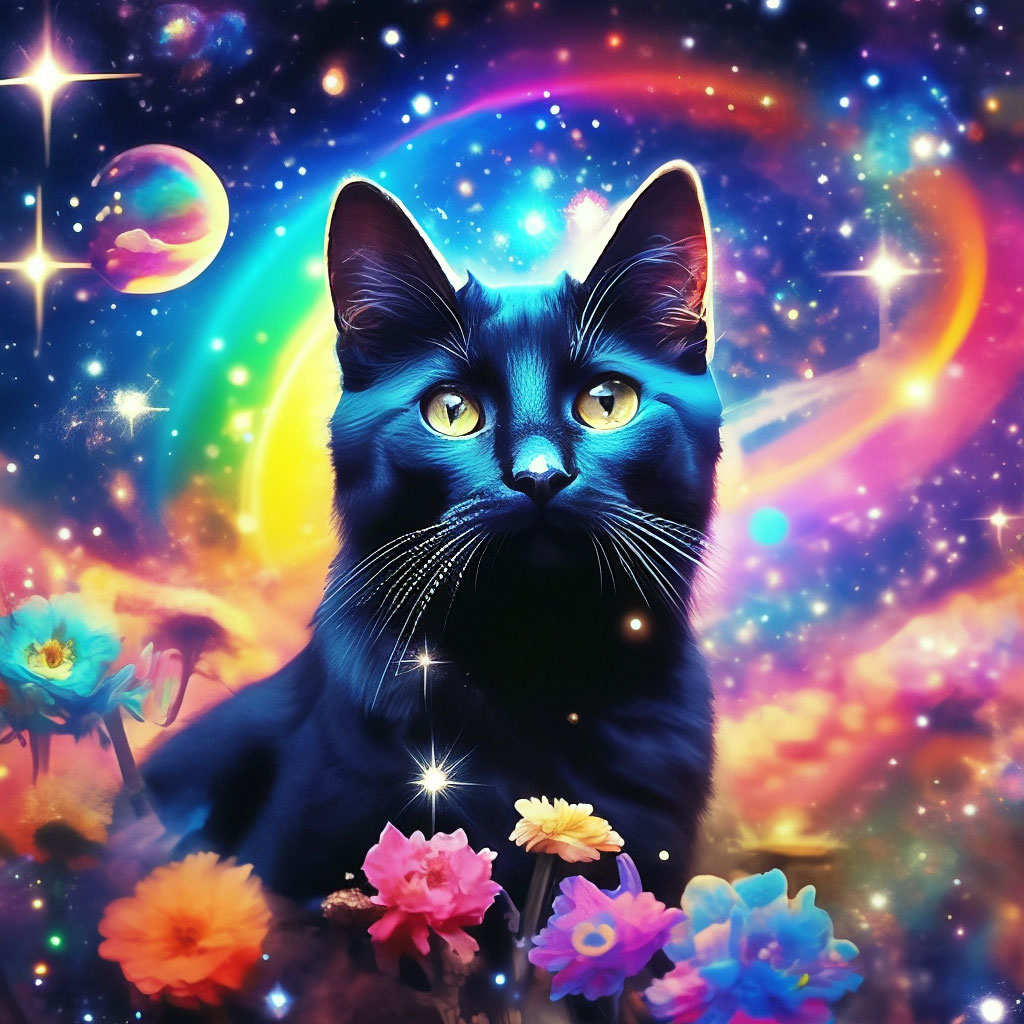 «Black cat in cosmic colour …» — картинка создана в Шедевруме