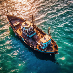 «Lonely old boat drifting in the ocean, view from afar from a ...