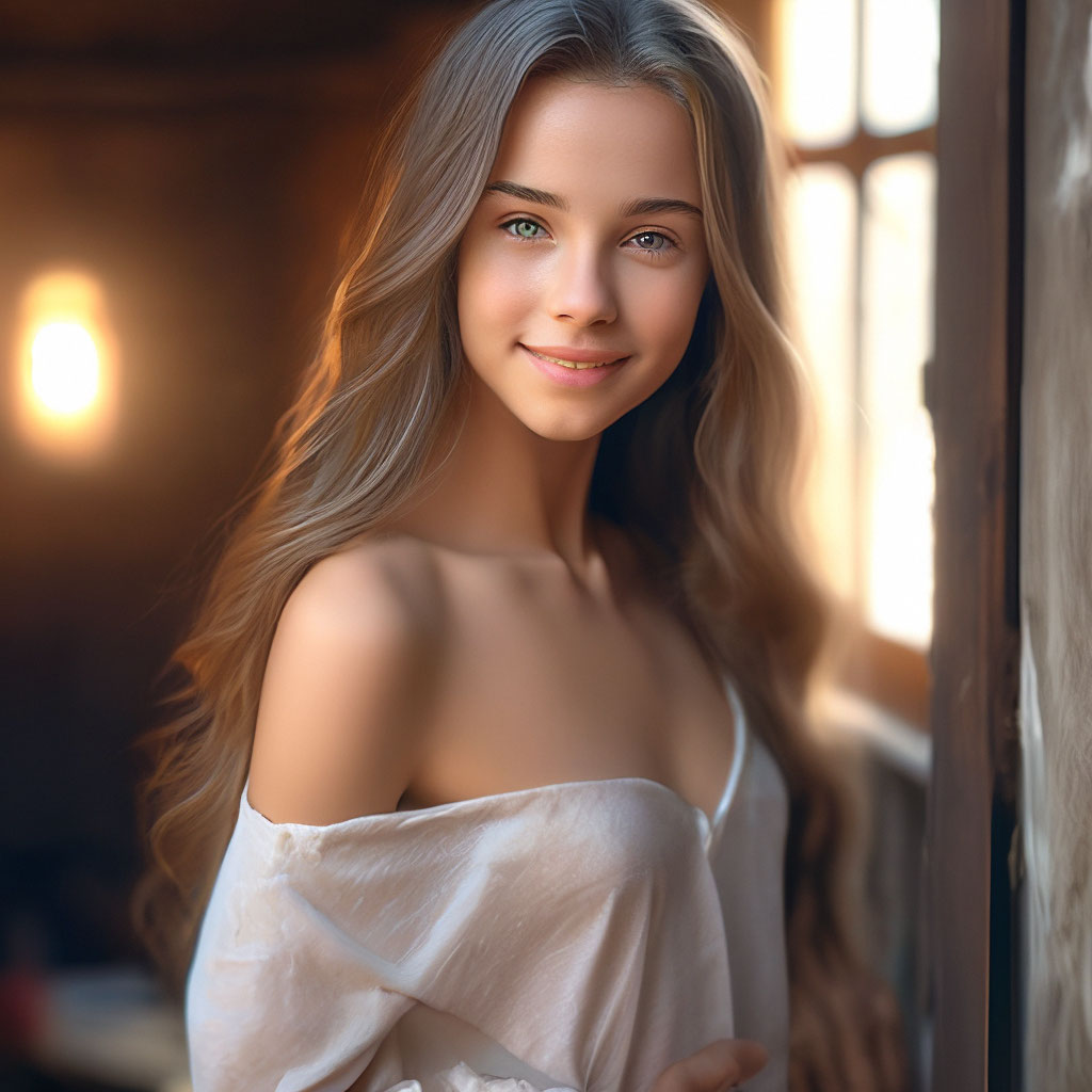 "A young charming slim girl, 18 years old, a modest,dreamy,beautiful ...