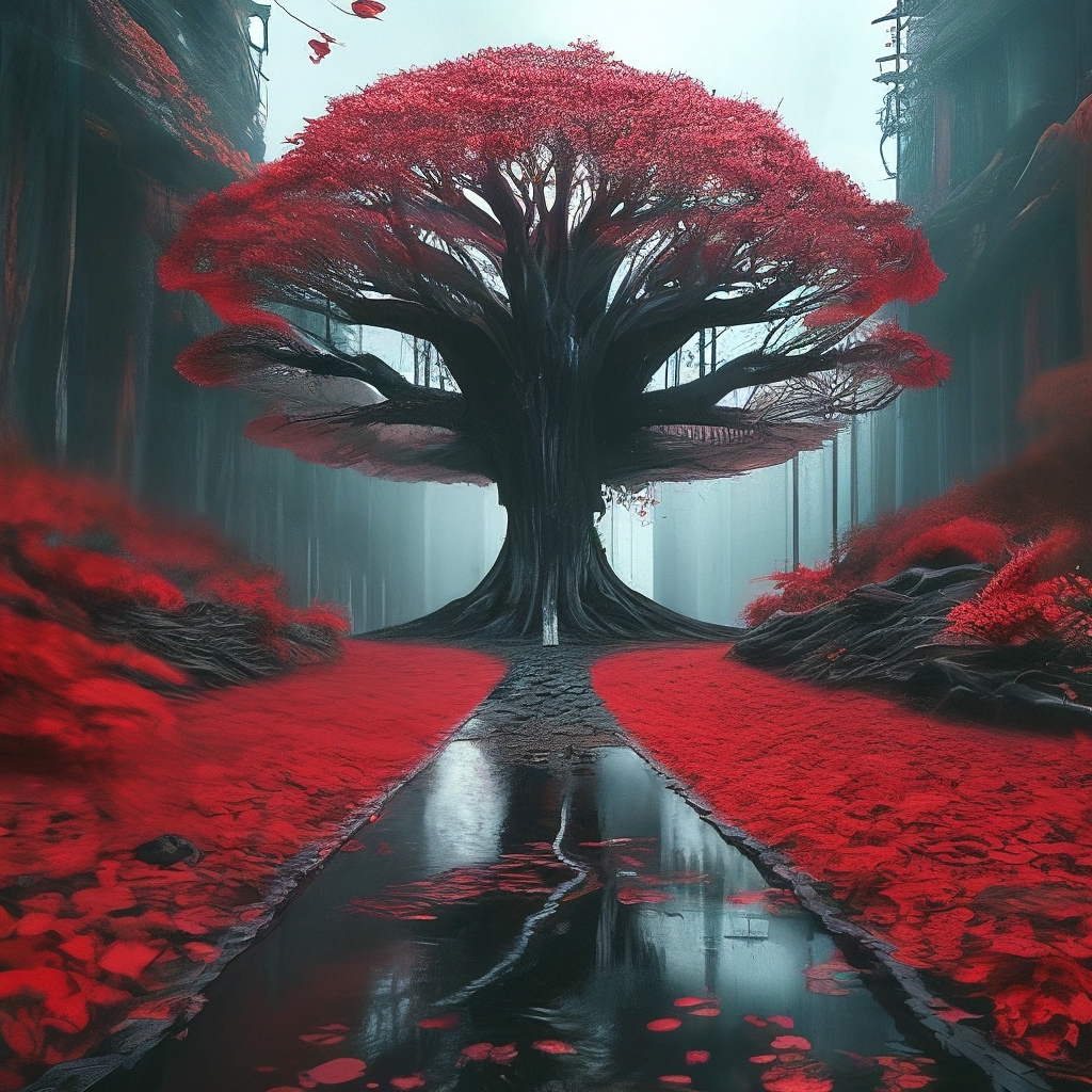 "A black tree, to which a black road leads and everything is covered ...