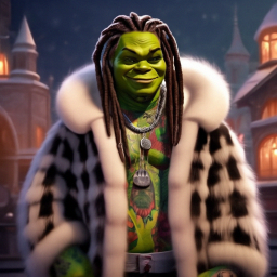 «(promt from (Slava F)) tattooed Shrek,rapper,dreadlocks,in a fur coat ...