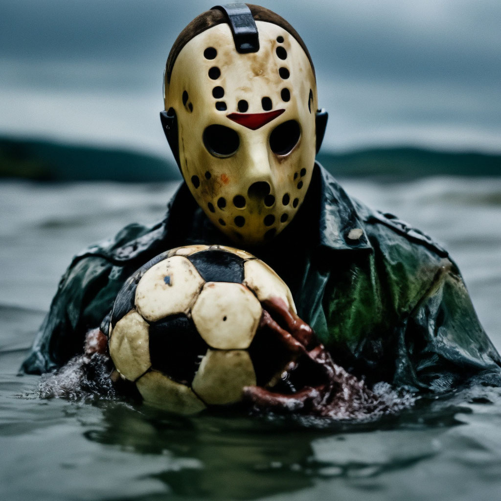 "Jason from the movie fredy vs jason with a soccer ball in the sea ...