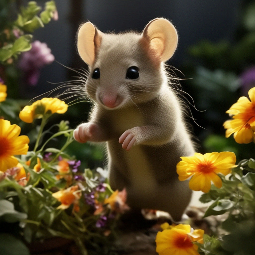 "Anthropomorphic cute mouse tending …" — image created in Shedevrum